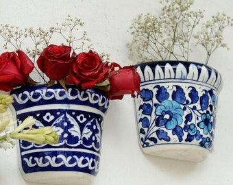 Set of 3 Blue Pottery Wall Planters Indoor & Outdoor Wall Decor Gift ...