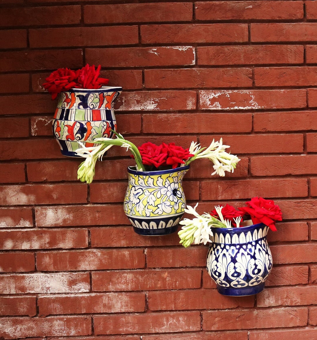 Set of 3 Blue Pottery Wall Planters Indoor & Outdoor Wall Decor Gift ...