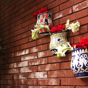Set of 3 Blue Pottery Wall Planters | Indoor & Outdoor Wall Decor ...