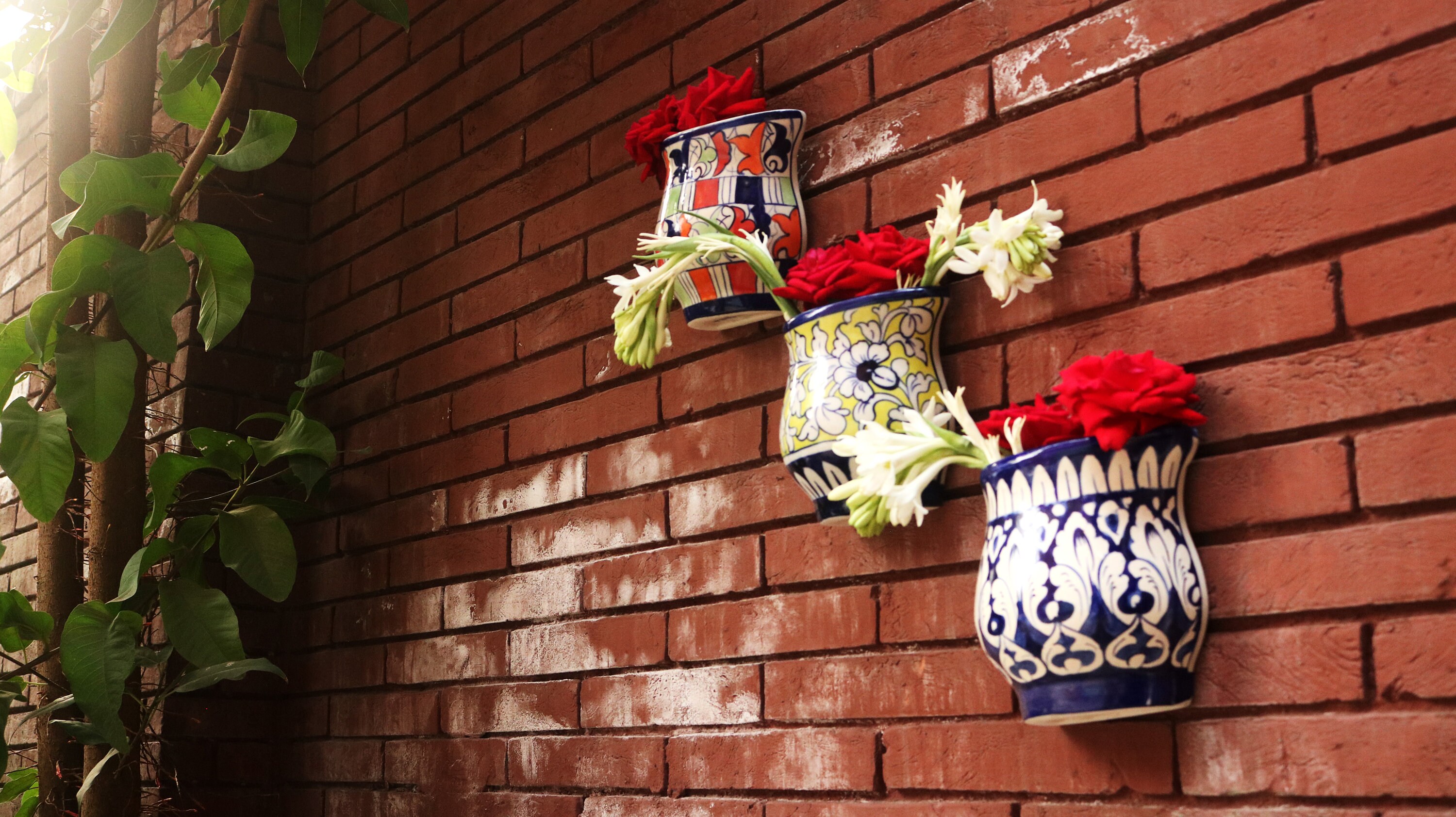 Set of 3 Blue Pottery Wall Planters | Indoor & Outdoor Wall Decor ...