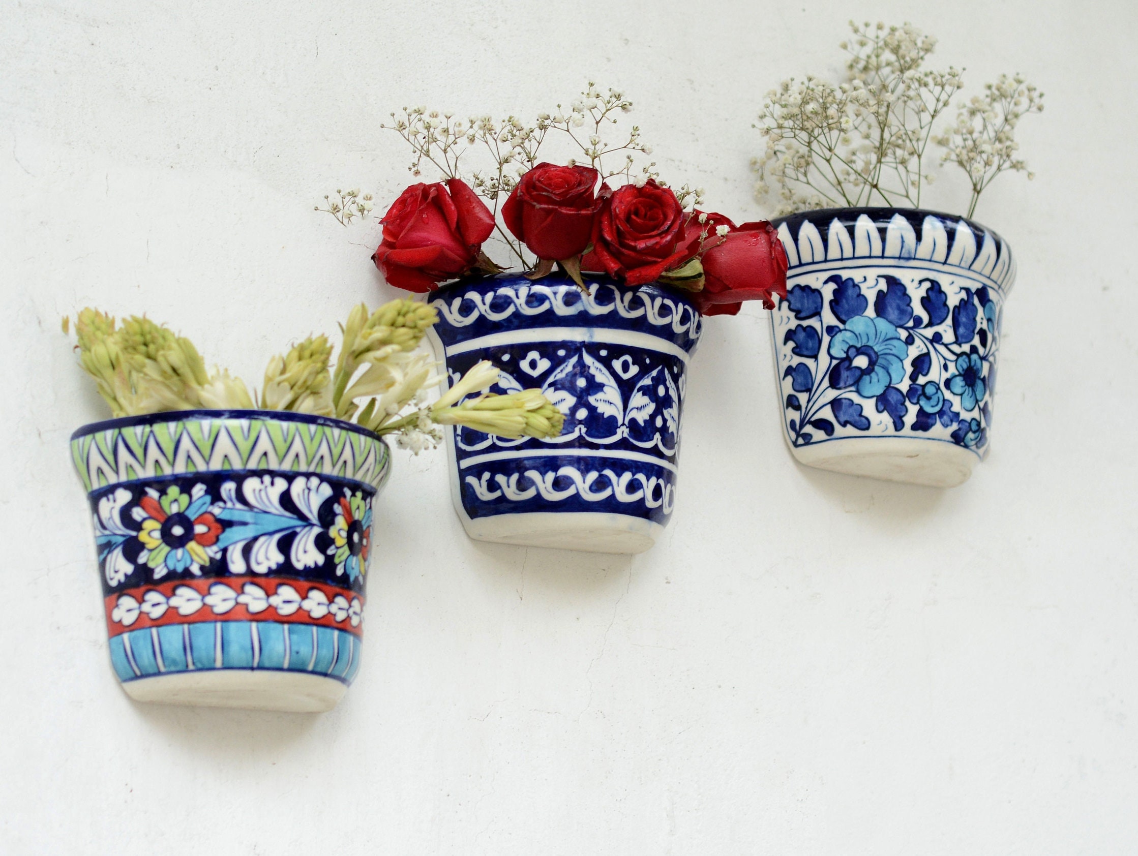 Blue Pottery Wall Planter Set | Hand-painted Ceramic Decor - Etsy