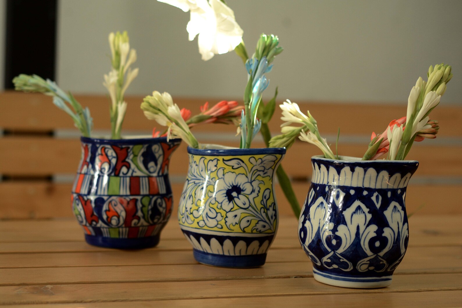 Set of 3 Blue Pottery Wall Planters | Indoor & Outdoor Wall Decor ...