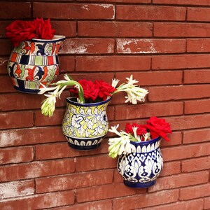 Set of 3 Blue Pottery Wall Planters | Indoor & Outdoor Wall Decor ...