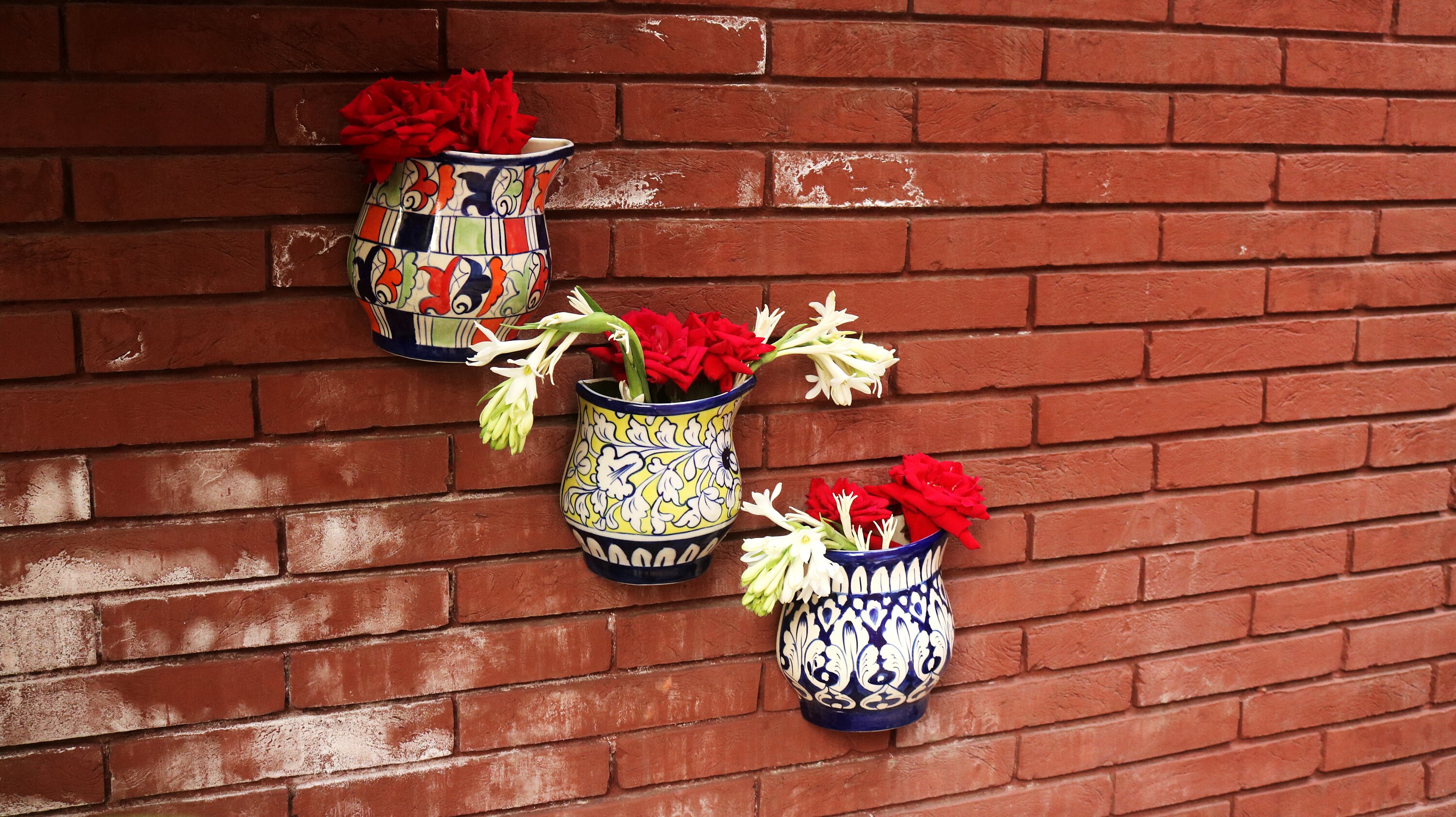 Set of 3 Blue Pottery Wall Planters | Indoor & Outdoor Wall Decor ...
