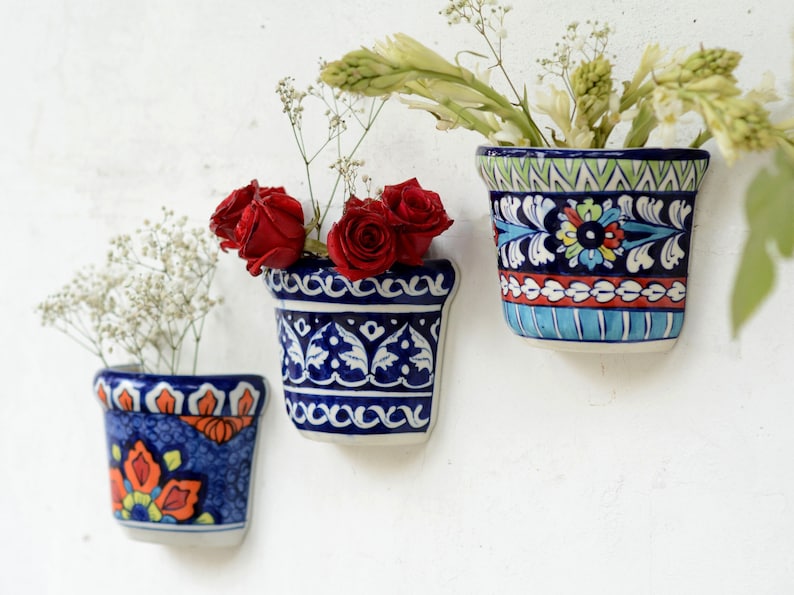 Wall Planter Set of 3 | Indoor & Outdoor Wall Decor | Blue Pottery Gift ...