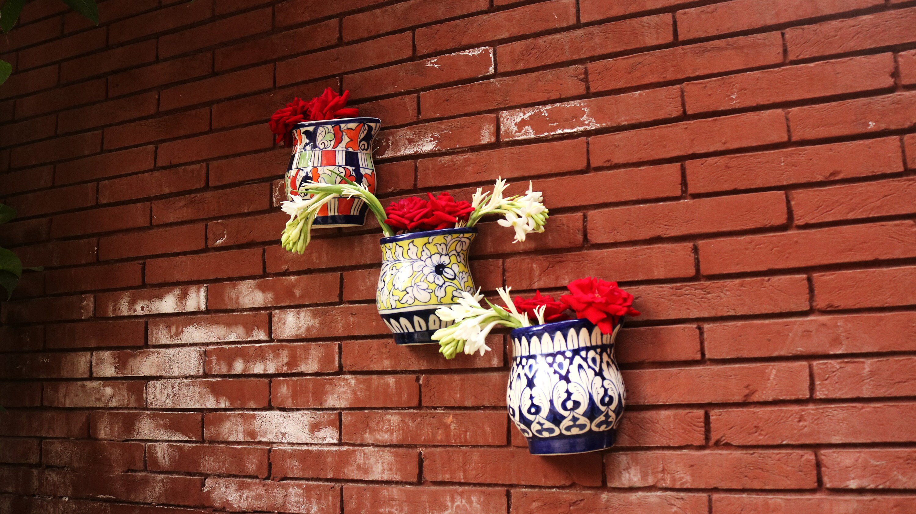 Set of 3 Blue Pottery Wall Planters | Indoor & Outdoor Wall Decor ...