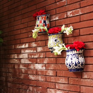 Set of 3 Blue Pottery Wall Planters | Indoor & Outdoor Wall Decor ...