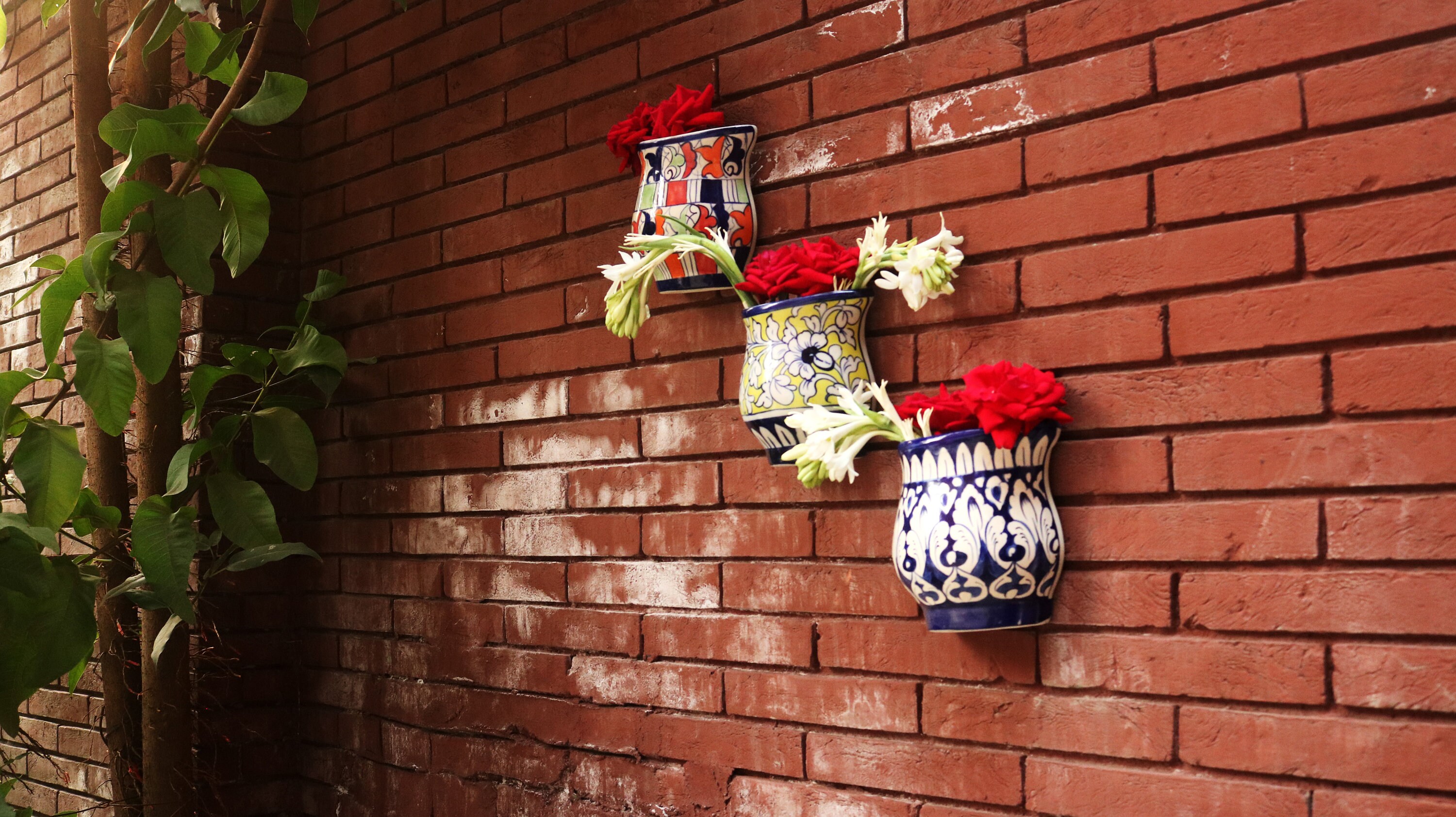 Set of 3 Blue Pottery Wall Planters | Indoor & Outdoor Wall Decor ...