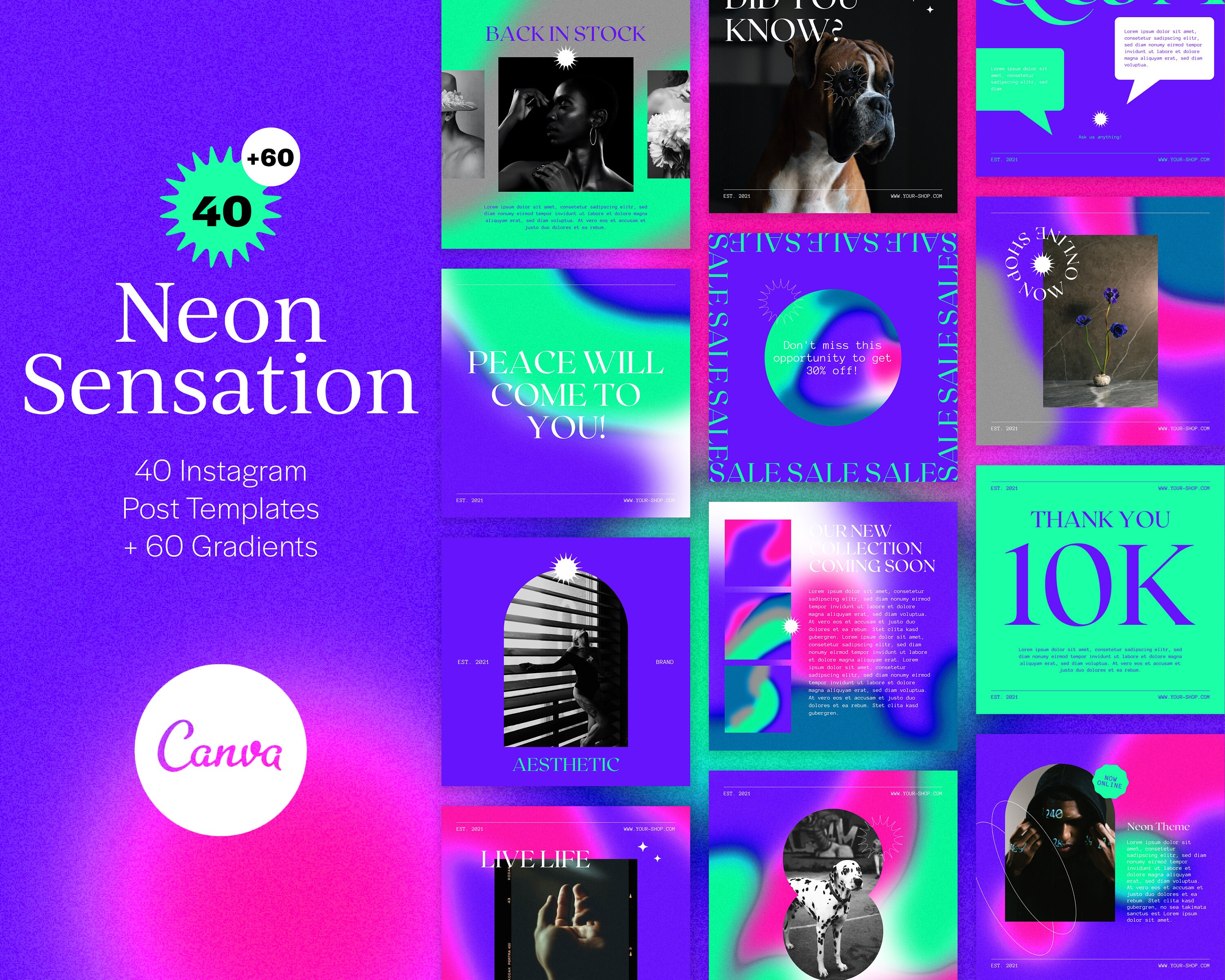 40 Instagram Post Template Bundle Canva NEON SENSATION 60 | Etsy
