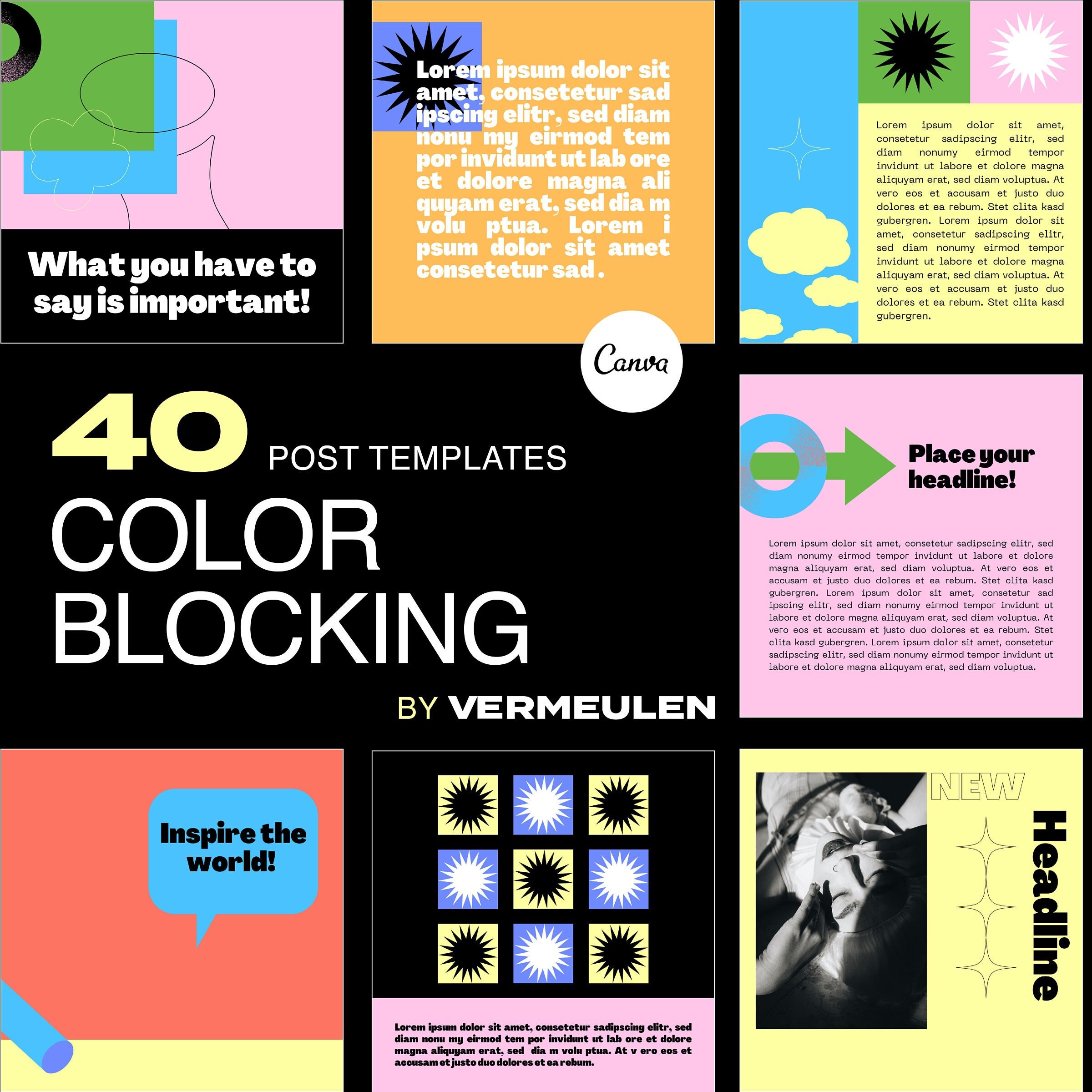 40 Instagram Post Template Bundle CANVA COLOR BLOCKING Digital ...
