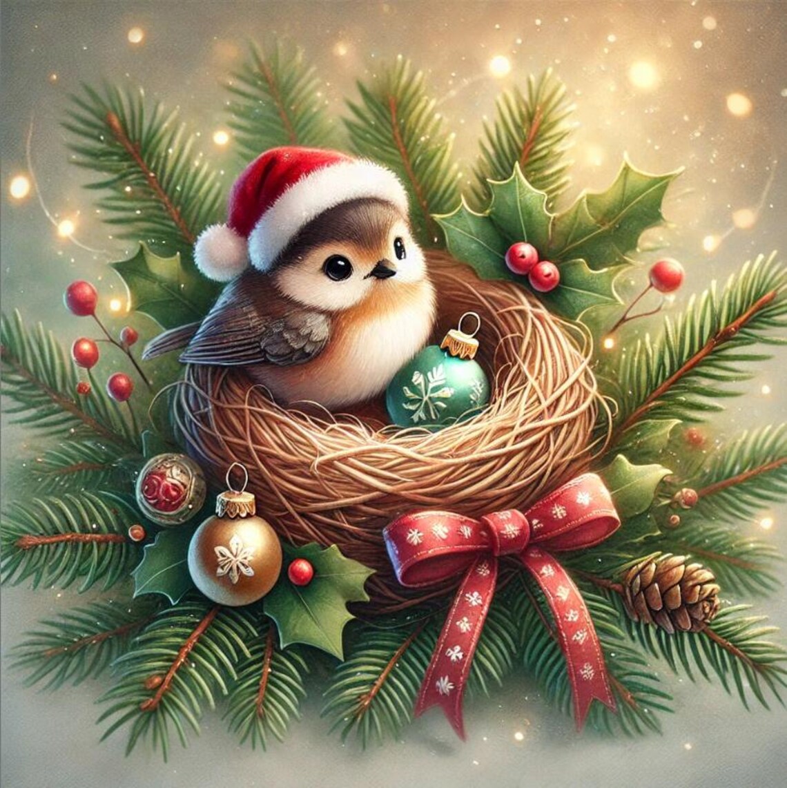 Festive Bird in Nest Christmas Decor, Holiday Downloadable Art, Cute ...