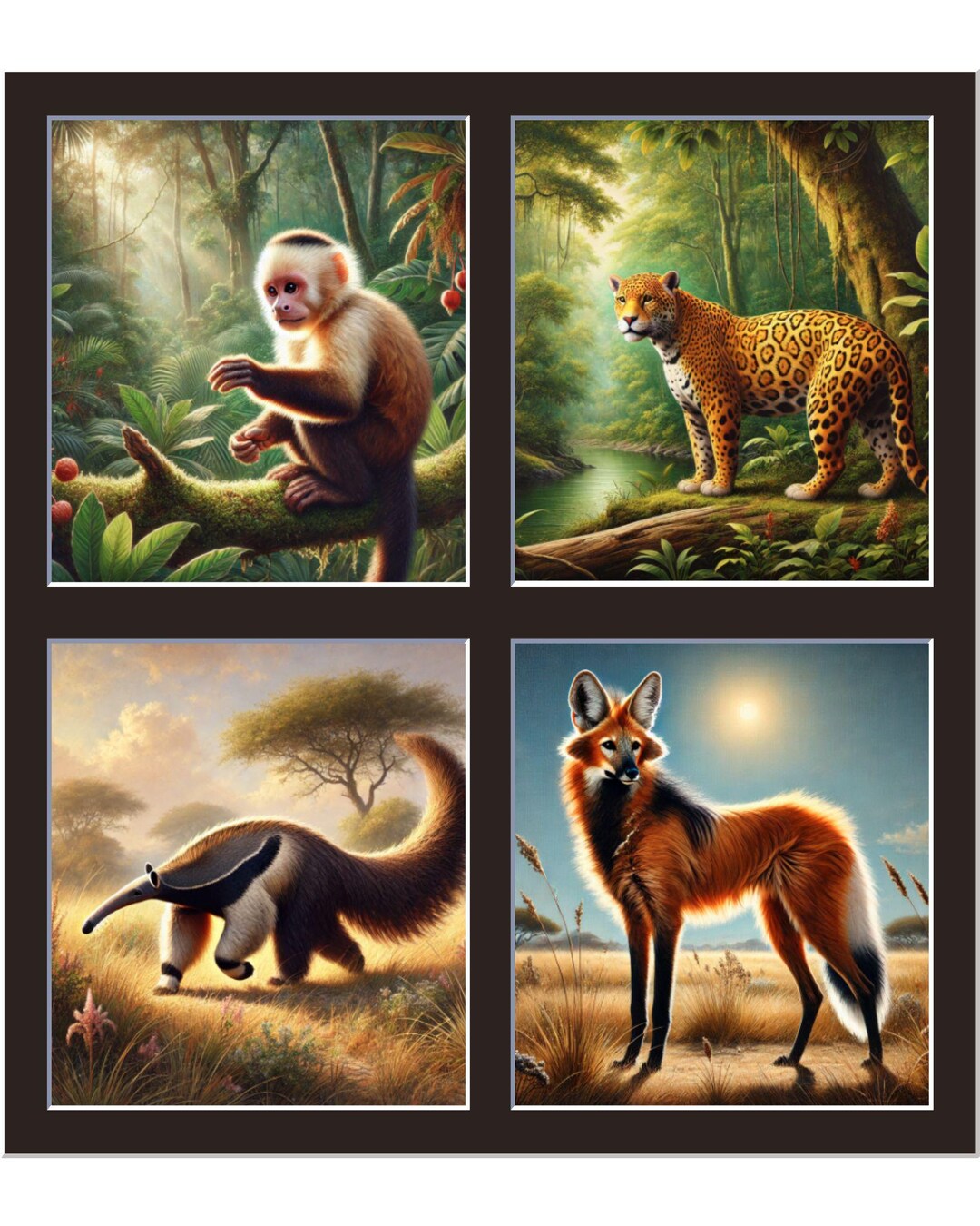 4 PC Mammals of Brazil Art Painting Digital Art Jaguar, Capuchin Monkey ...