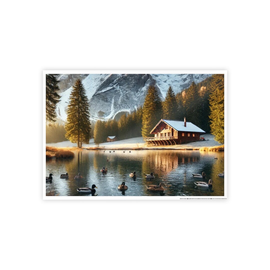 Scenic Cabin by Snowy Mountain With Ducks Poster Art Cabin Art Print ...