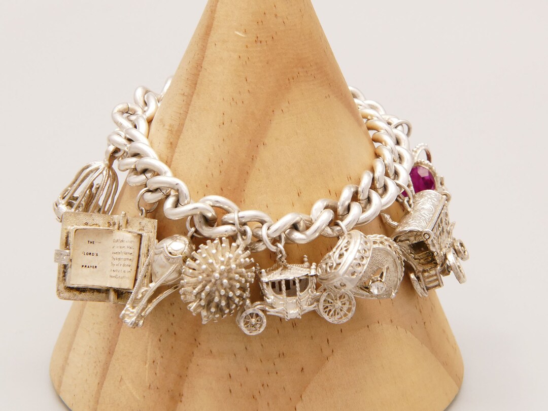 Vintage Heavy Silver Charm Bracelet 1977 – 10 Charms Heart Padlock ...