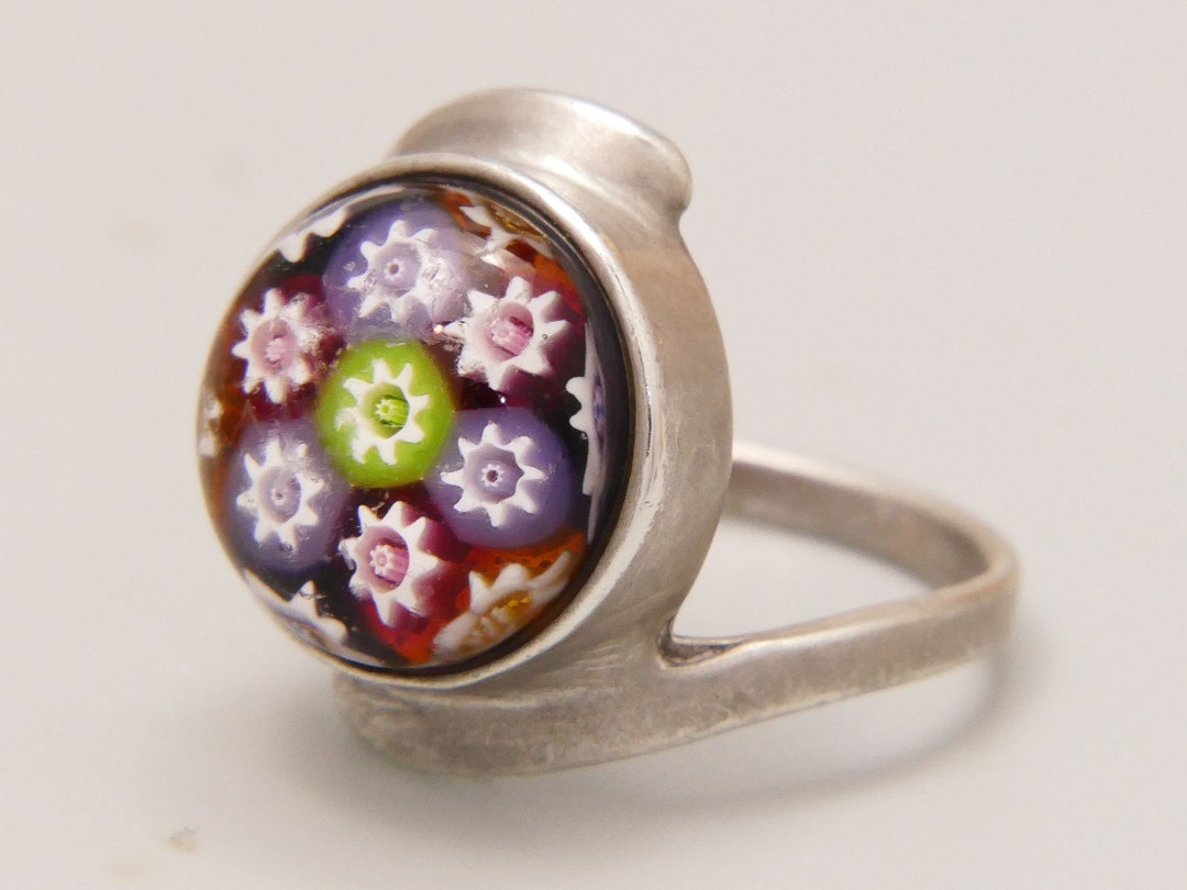 Vintage Millefiori Cane Caithness Glass Statement Sterling Silver Ring ...