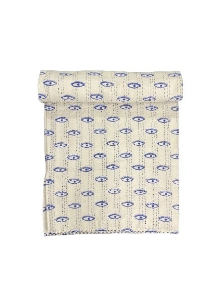 Evil Eye Print Kantha Quilt Black and Blue Kantha Quilt Kantha Throw ...