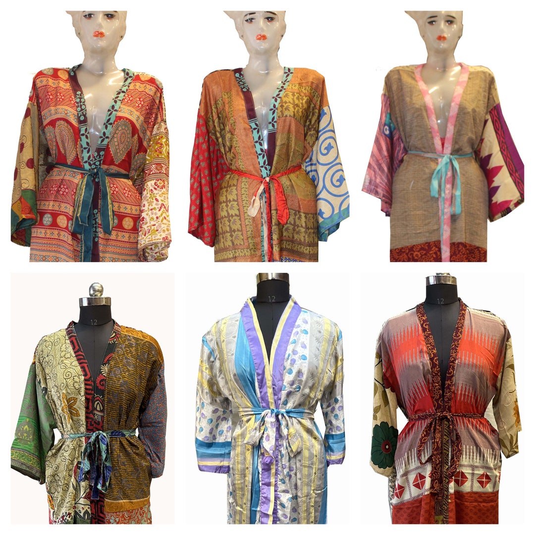 Recycle Saree Silk Kimono Robe, Women Night Wear Kimono Robe, Handmade ...