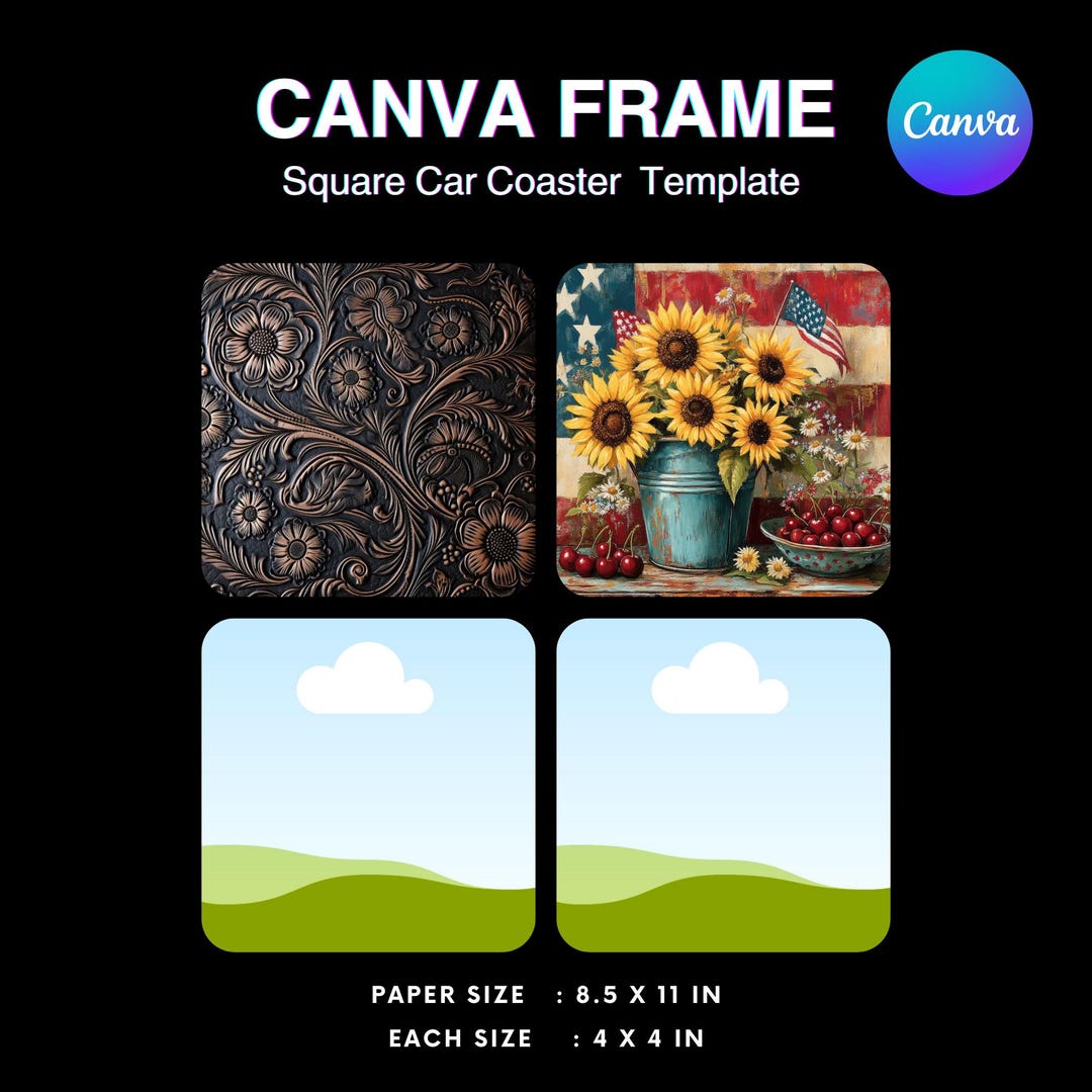 Square Car Coaster Canva Frame Template, Car Accessories Canva Fill ...