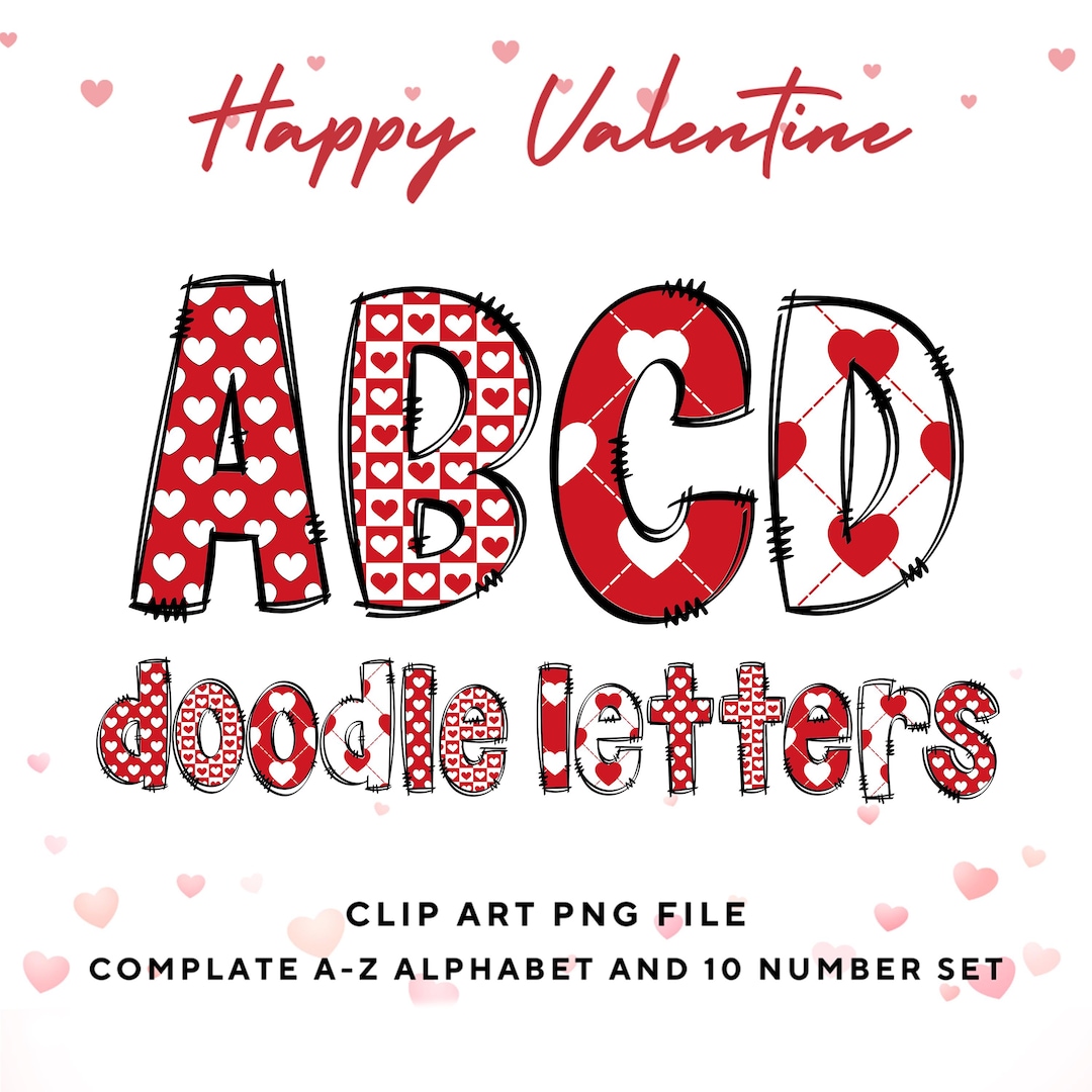 Valentine's Day Doodle Alphabet Letters Clipart, Red Heart Love Letter ...