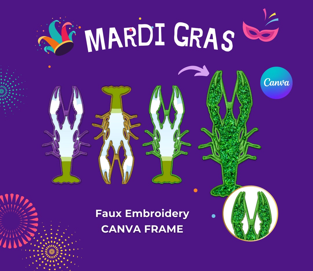 Mardi Gras Crawfish Faux Stitch Embroidery Canva Frame Template ...