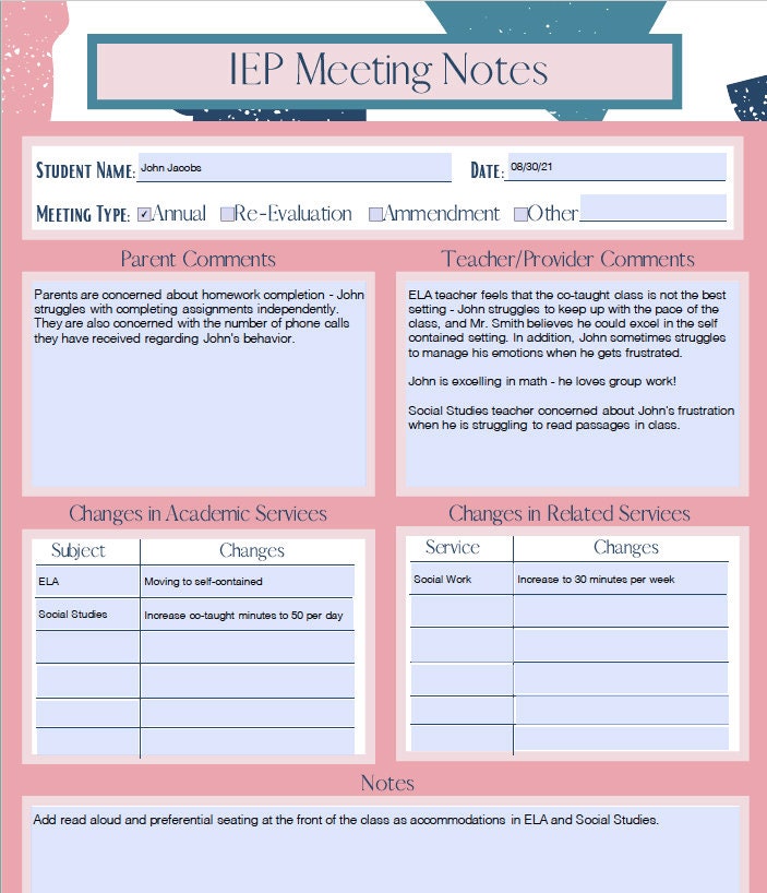 IEP Meeting Note Tracker (fillable) - Etsy