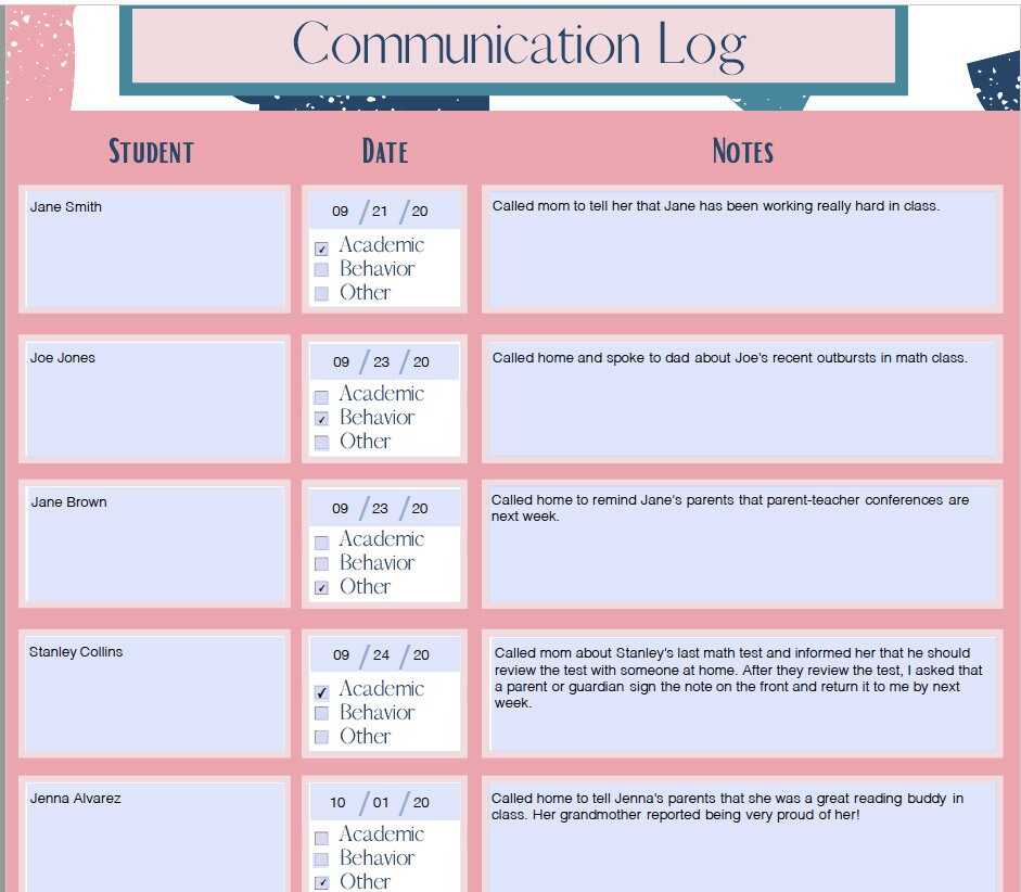 Parent Communication Log (fillable) - Etsy