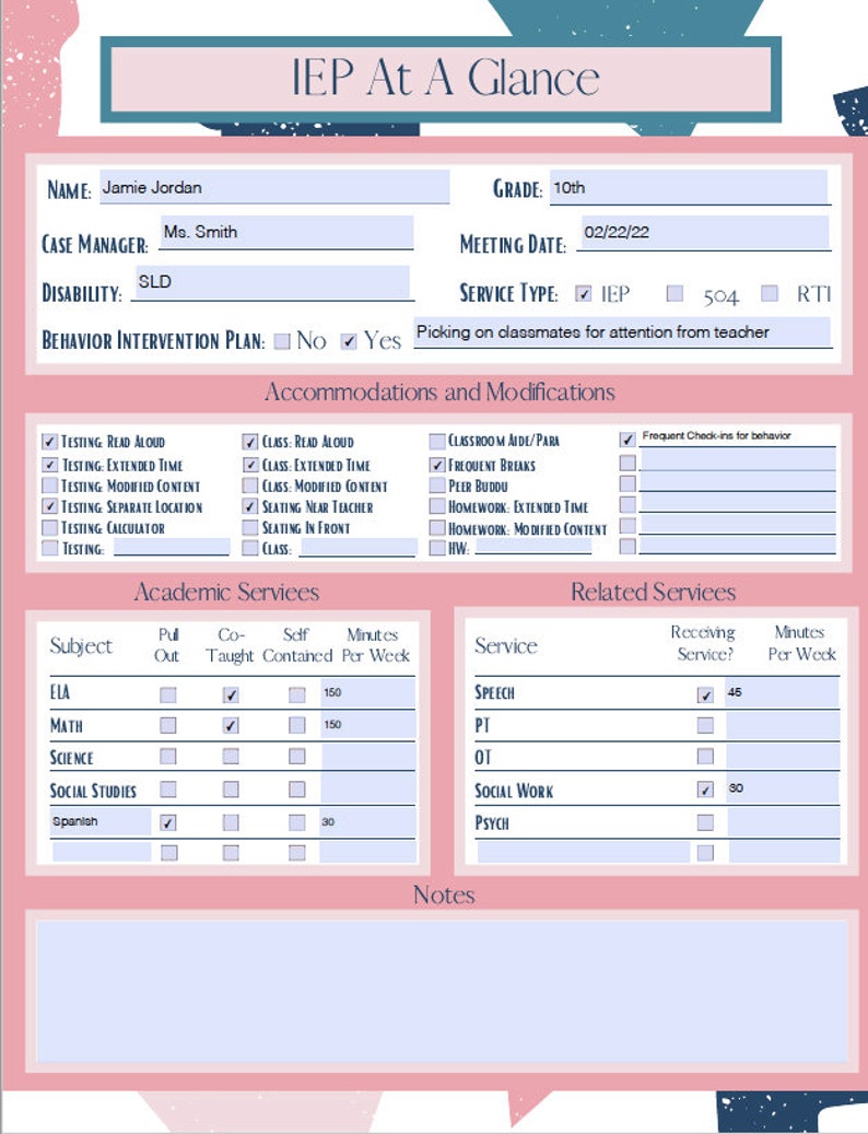 IEP at A Glance Log (fillable) - Etsy