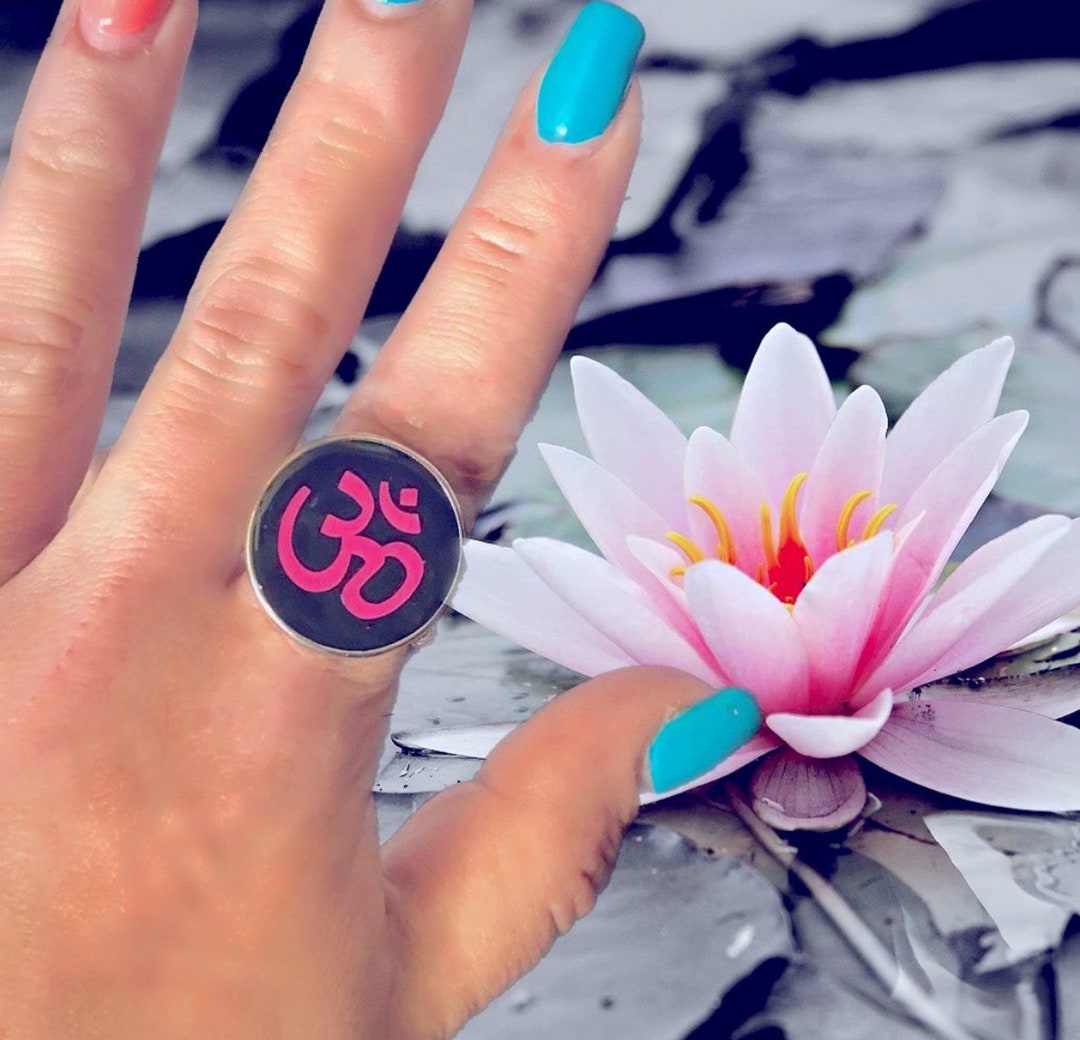 OM Black & Pink Round Silver Stretch Statement Ring - Etsy