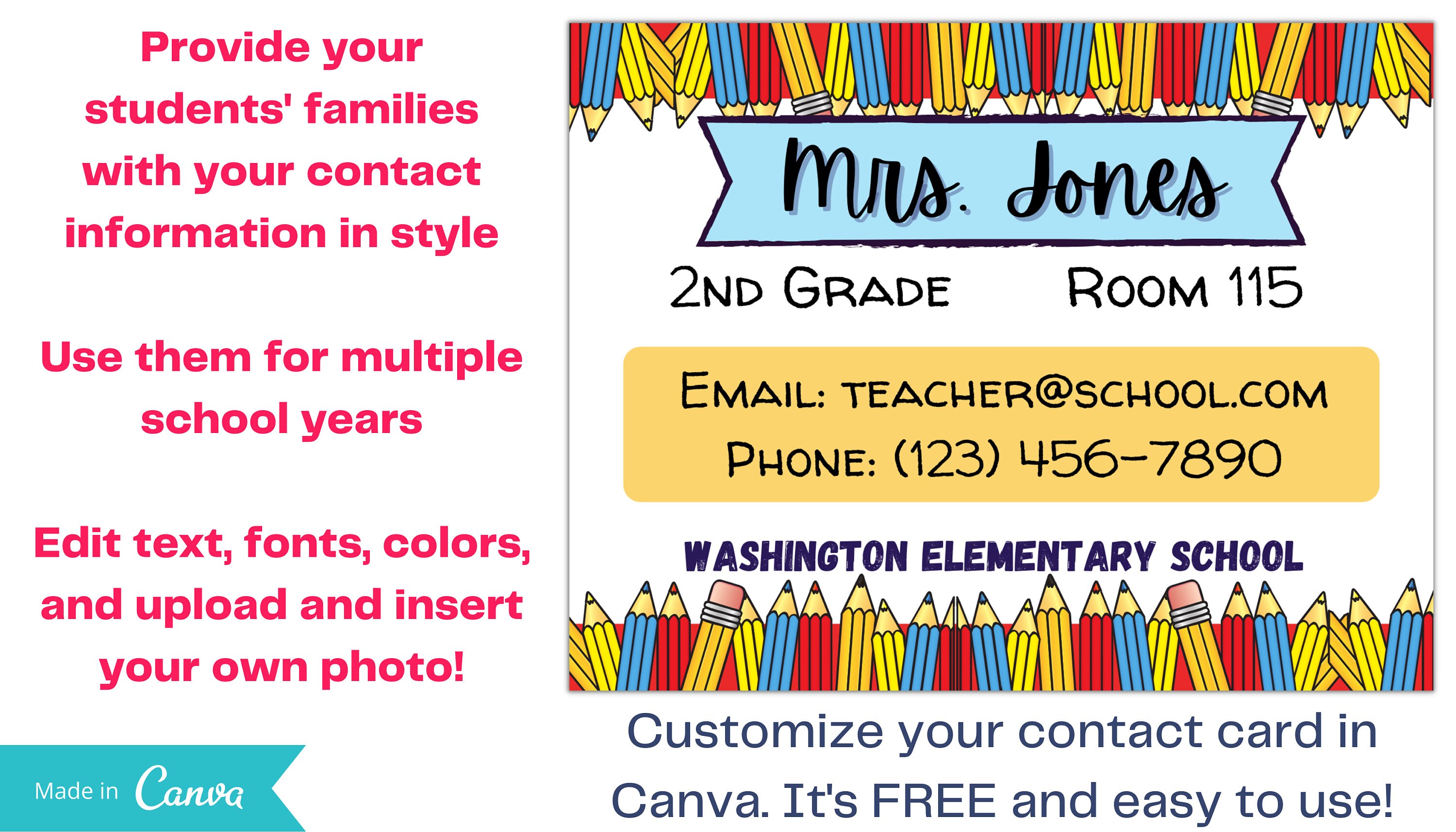 Teacher Contact Card Editable Canva Template Pencils - Etsy