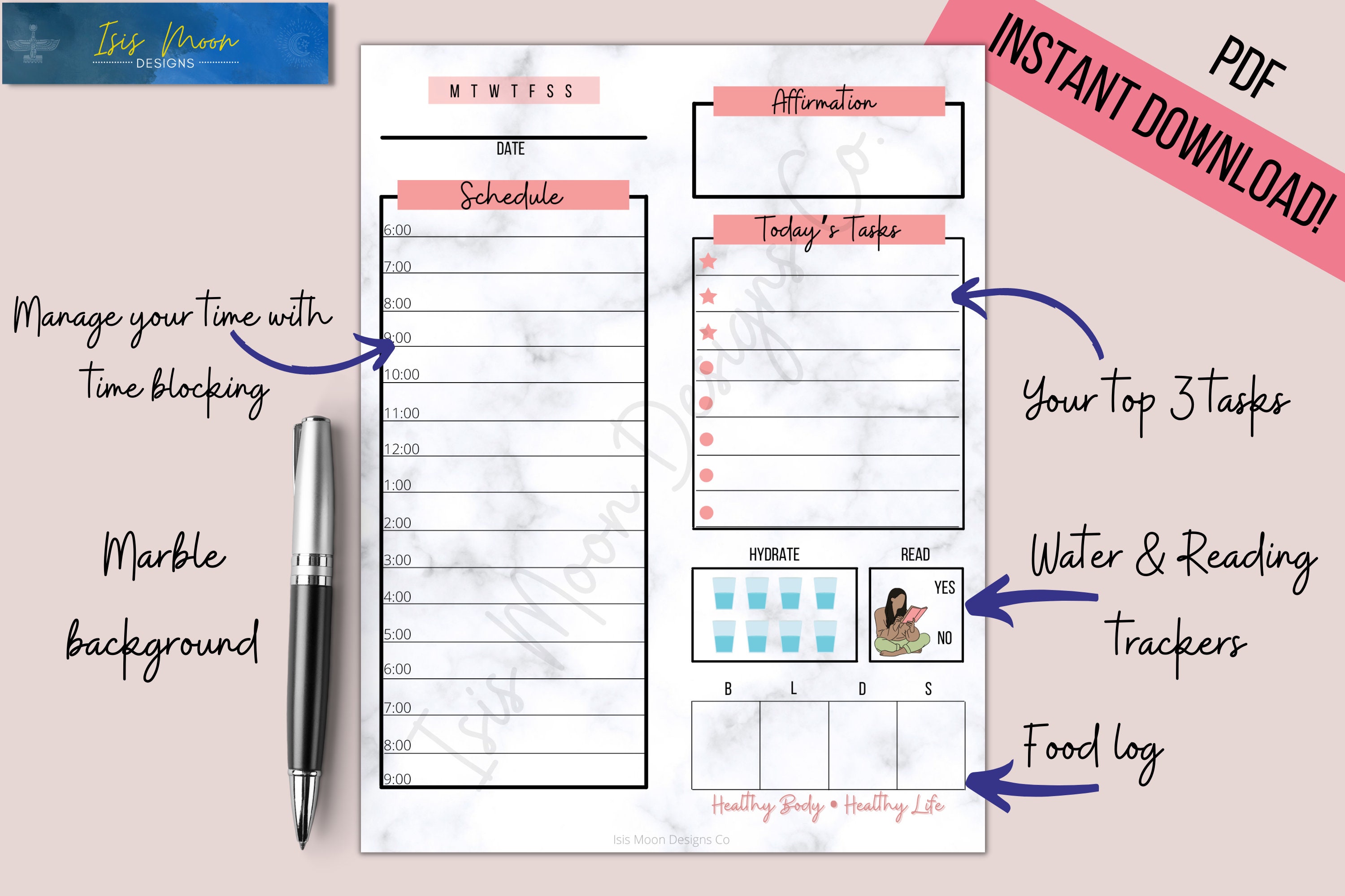 Printable Daily Planner Sheet With Marble Detail - Etsy
