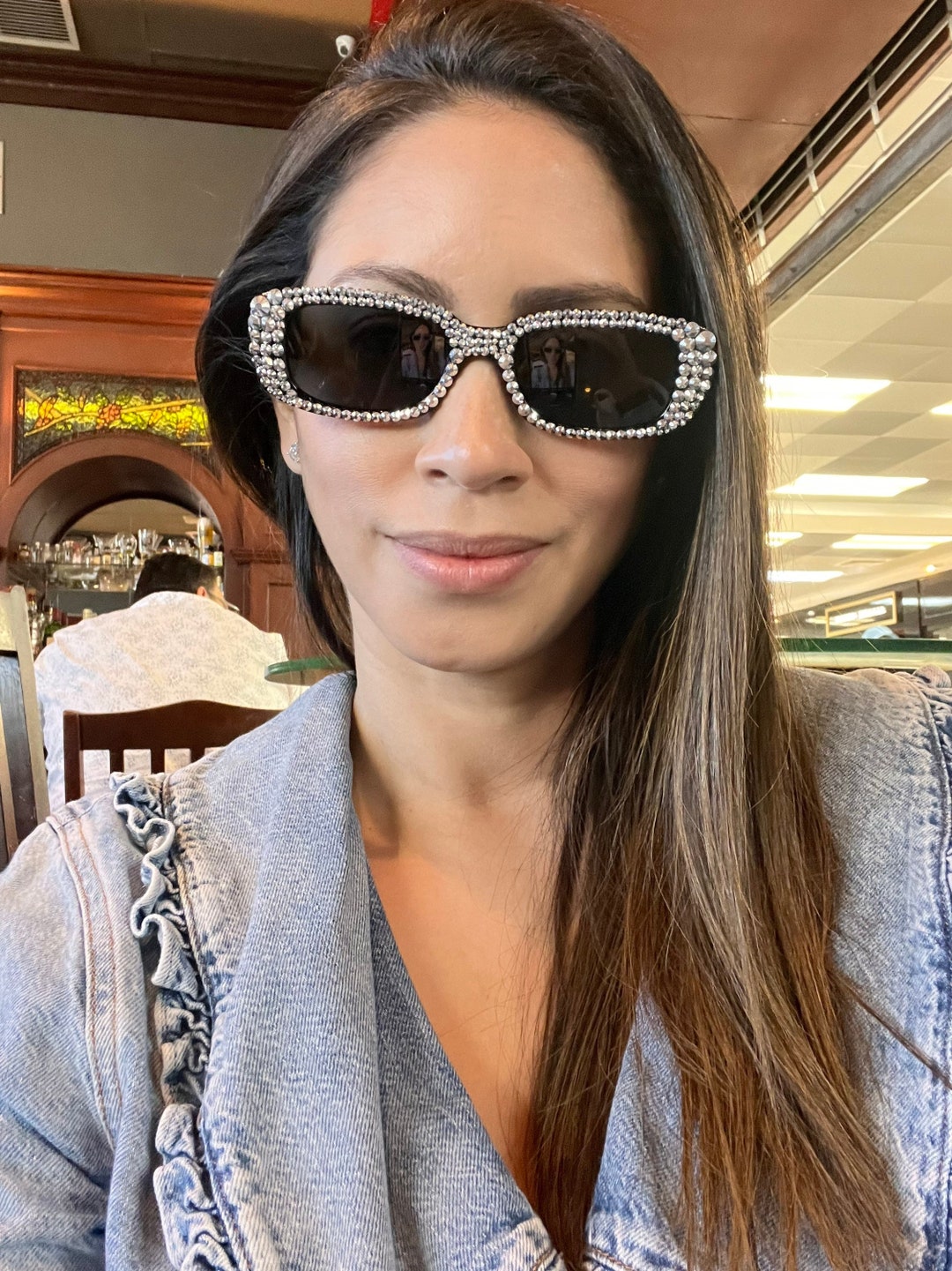 Metallic Bedazzled Black Retro Rectangle Sunglasses Etsy