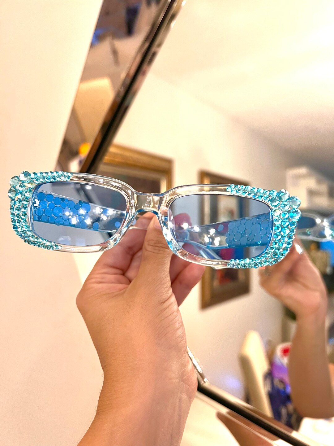 Blue Semi Bedazzled Retro Rectangle Sunglasses Etsy