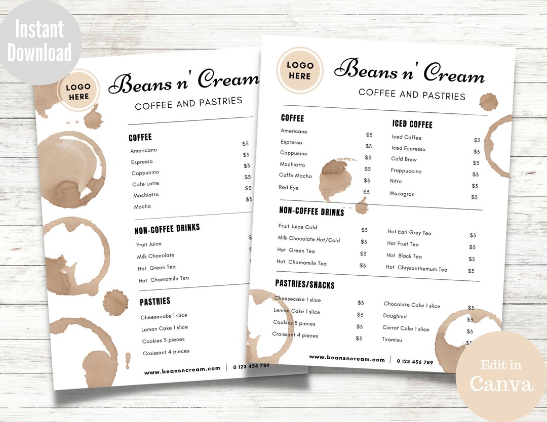 Coffee Menu Template, Editable Coffee Price List, Coffee Price Guide ...