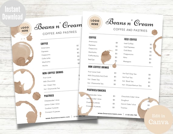 Coffee Menu Template Editable Coffee Price List Coffee Price - Etsy