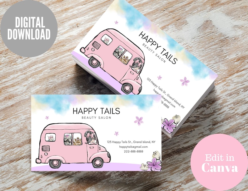 Pet Grooming Business Card: Watercolor Dog Salon Design (canva Template ...