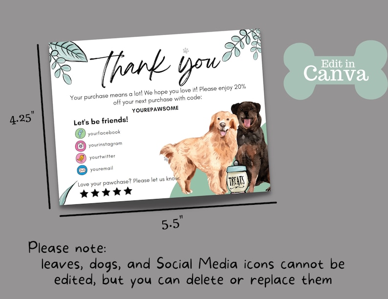 Pet Thank You Card Template, Dog Thank You Card Printable, Pet Business ...