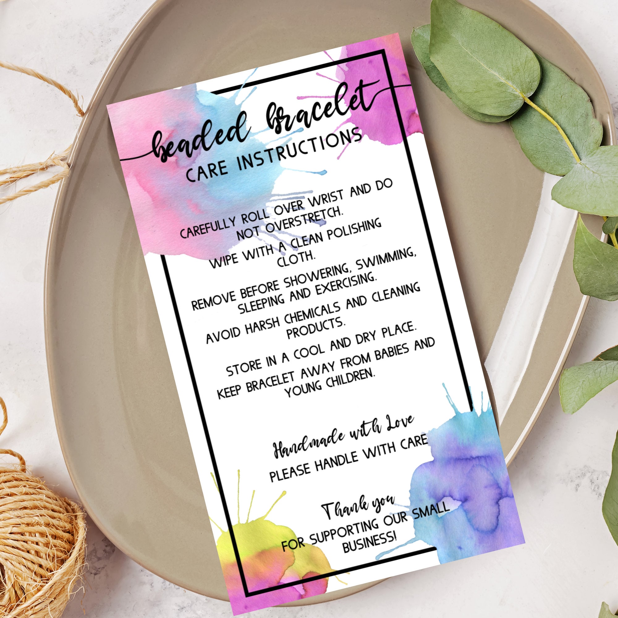 Beaded Bracelet Care Card: Small Business Instructions (digital ...