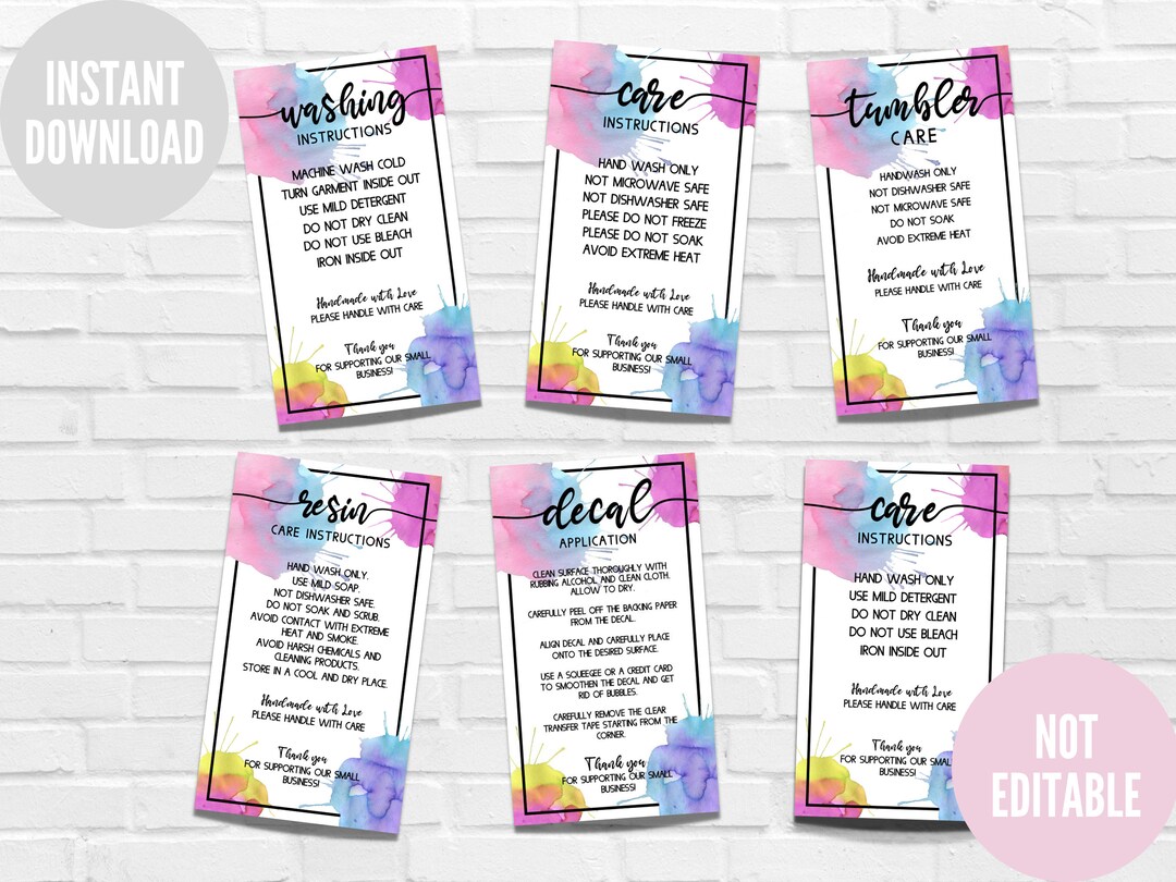 Printable Care Instructions Cards in Bundle, Care Instructions, Washing ...