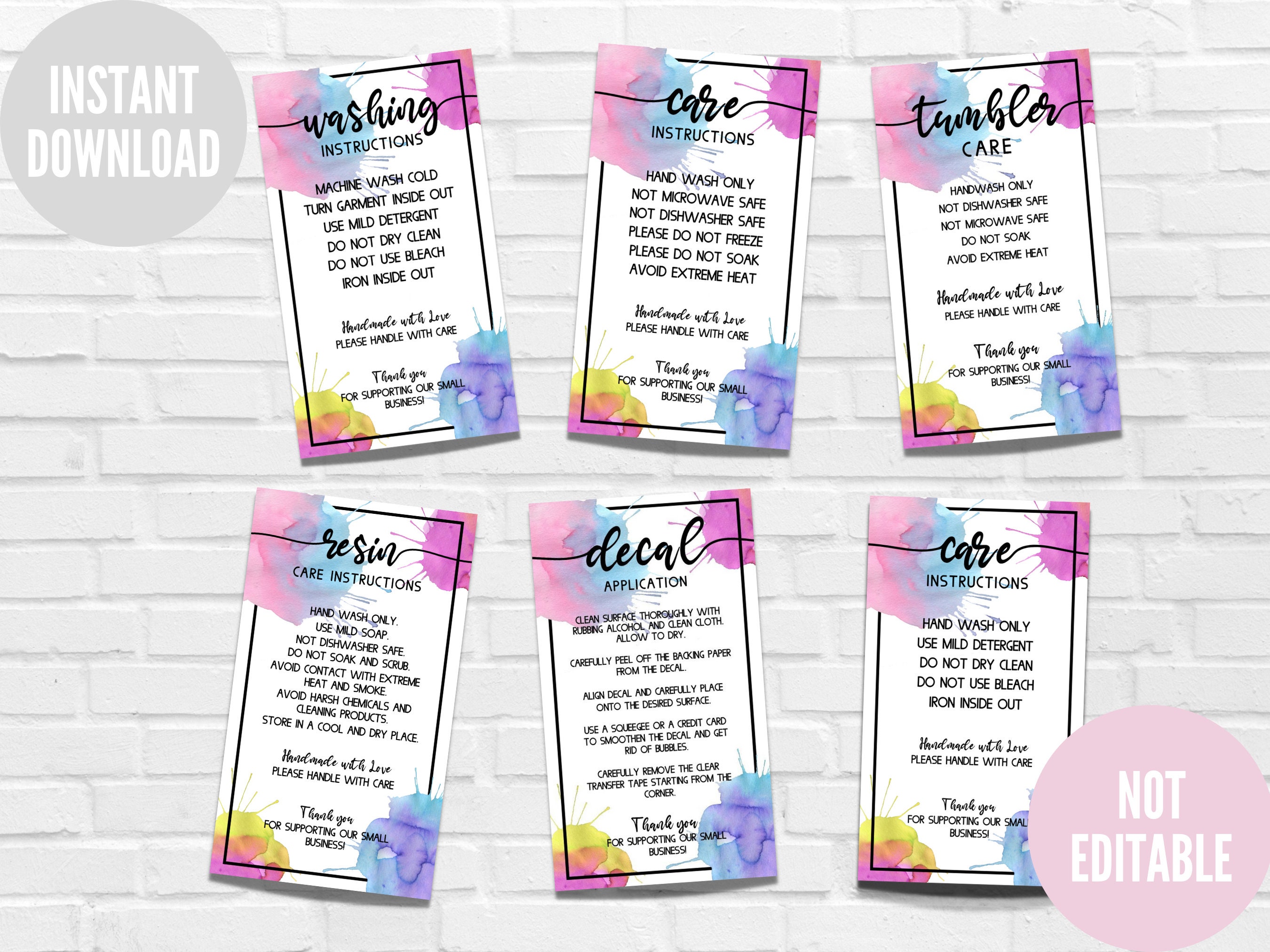 Printable Care Instructions Cards in Bundle Care - Etsy
