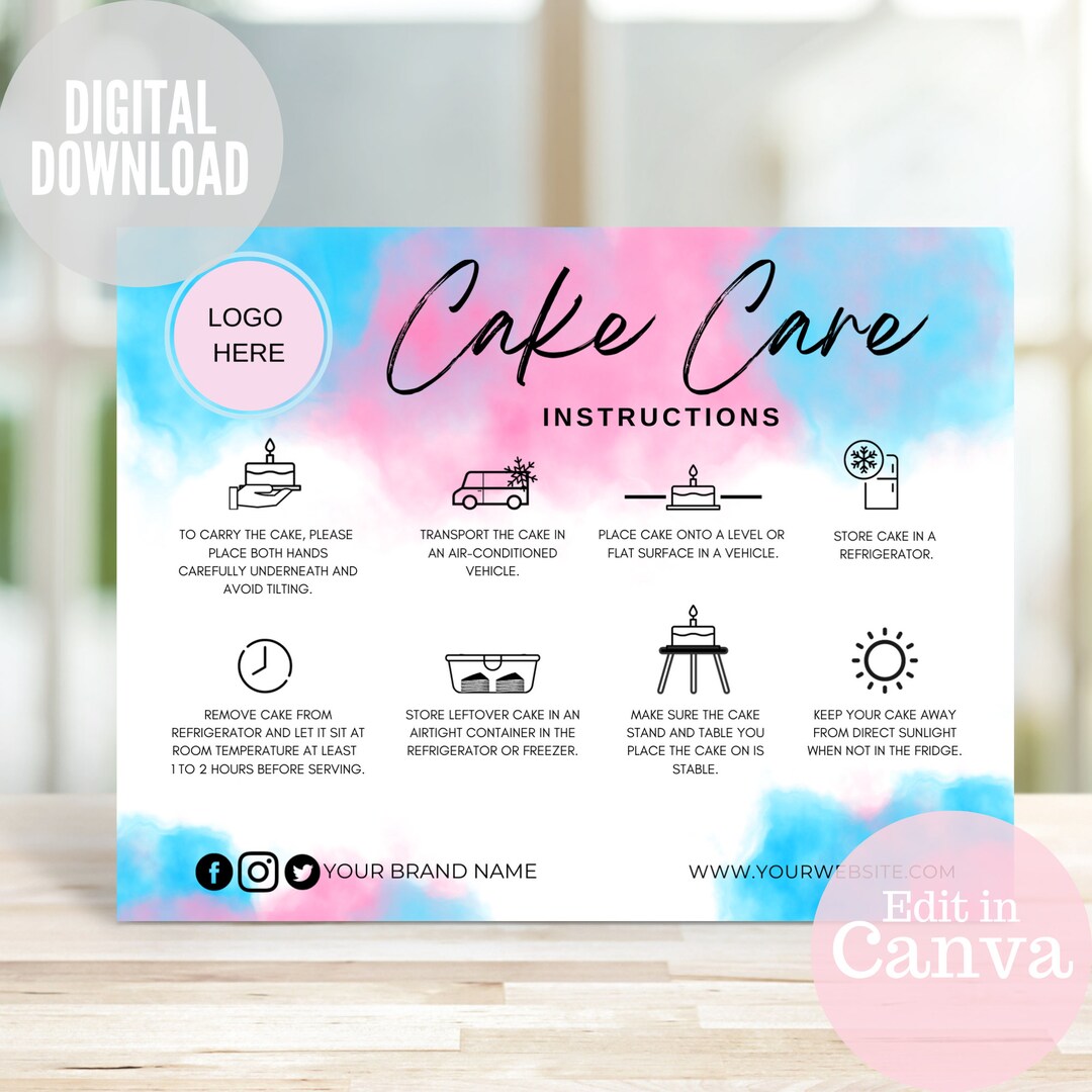 Cake Care Card, Care Instructions Template, Printable Cake Guide ...