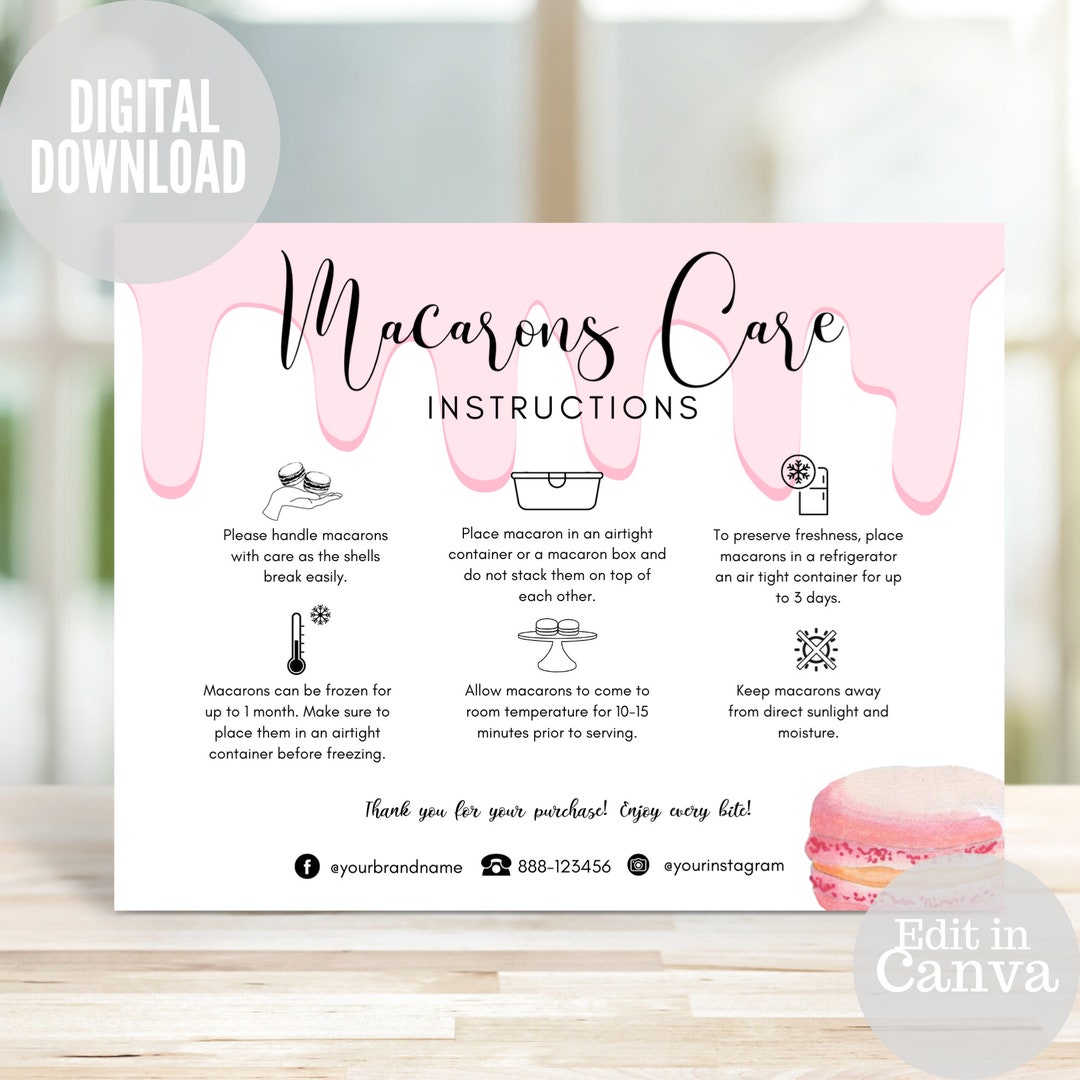 Macaron Care Card Template: Bakery Package Insert (digital Download) - Etsy