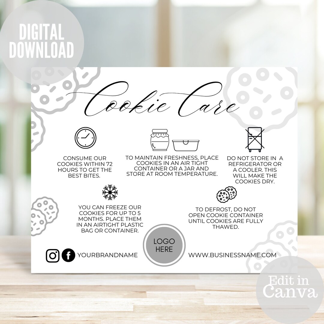 Printable Cookie Care Card Template: Bakery Package Insert (digital ...