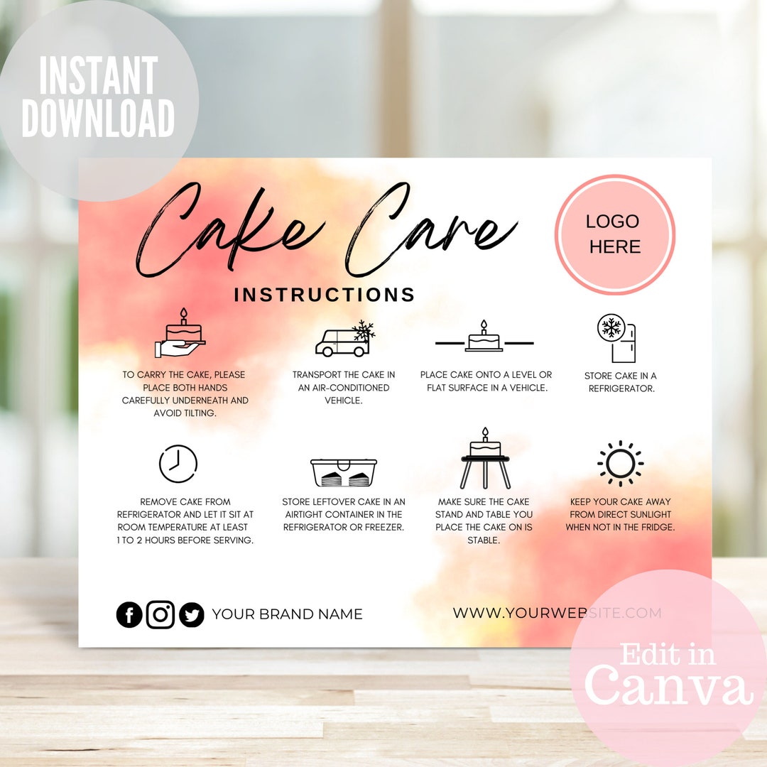 Cake Care Instructions Card Template: Bakery Business Insert (canva ...