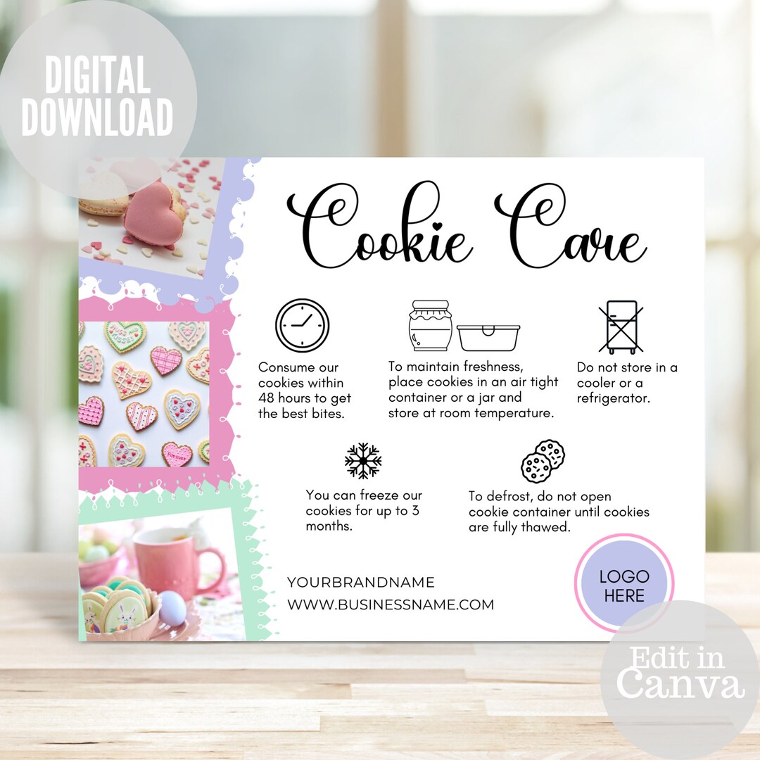 Cookie Care Card, Care Instructions Template, Printable Cookie Guide ...