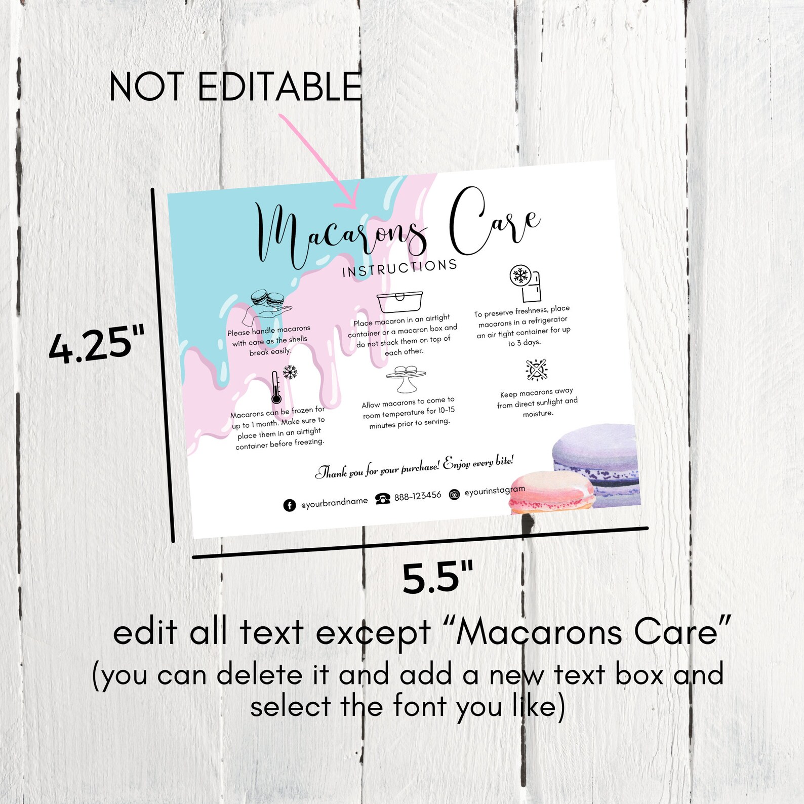 Macaron Care Card, Care Instructions Template, Printable Macaron Guide ...