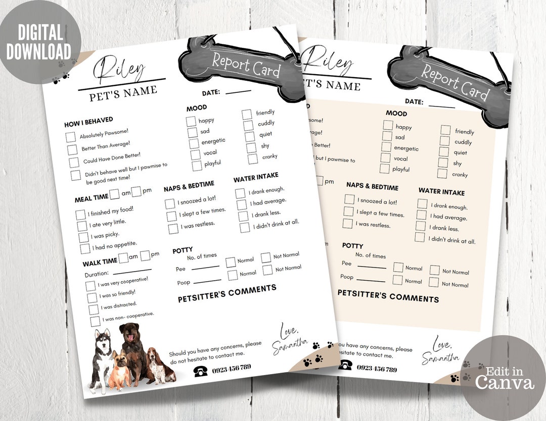 Editable Dog Report Card Template: Pet Sitter Form (digital Download ...