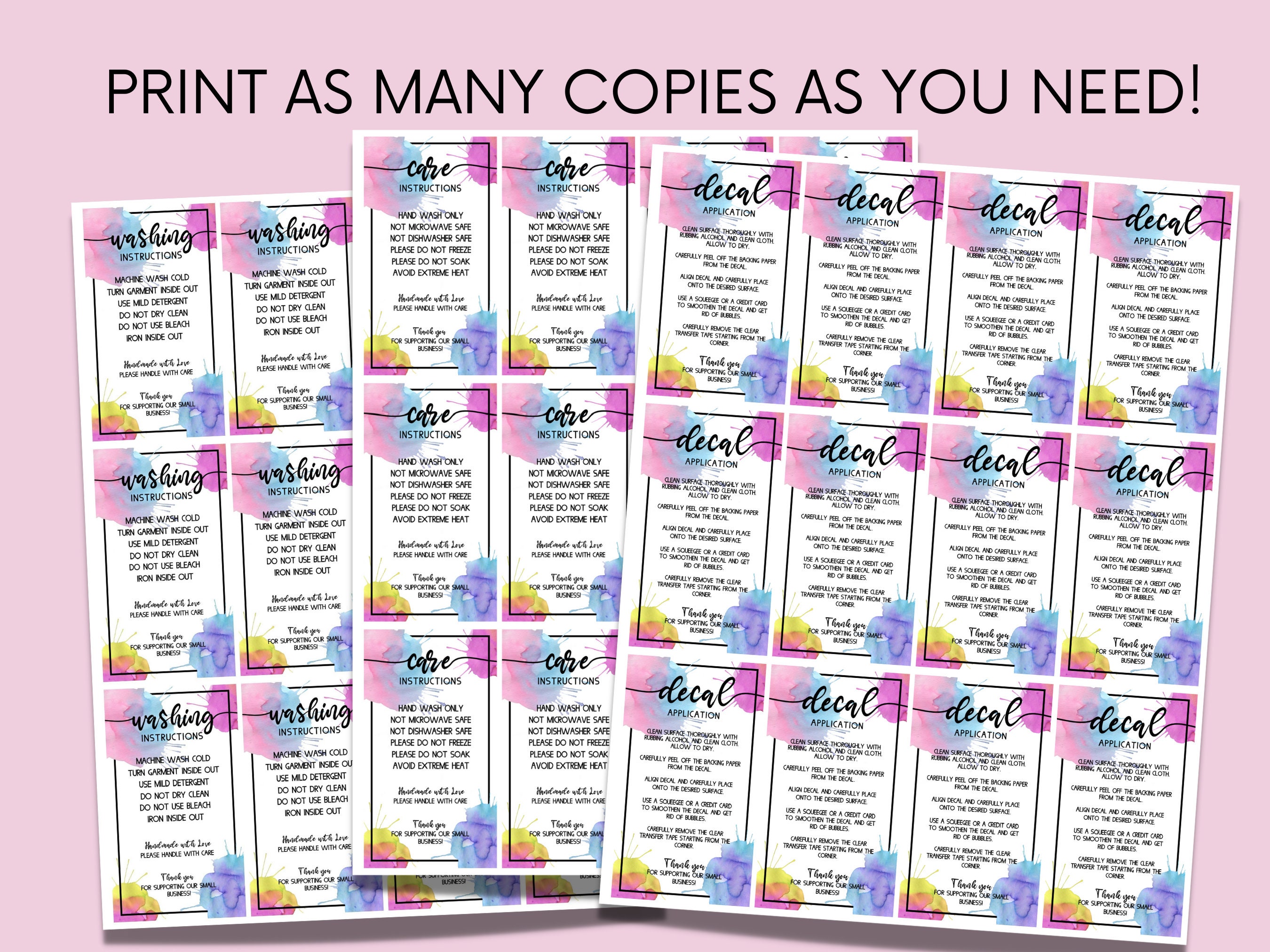 Printable Care Instructions Cards in Bundle Care - Etsy