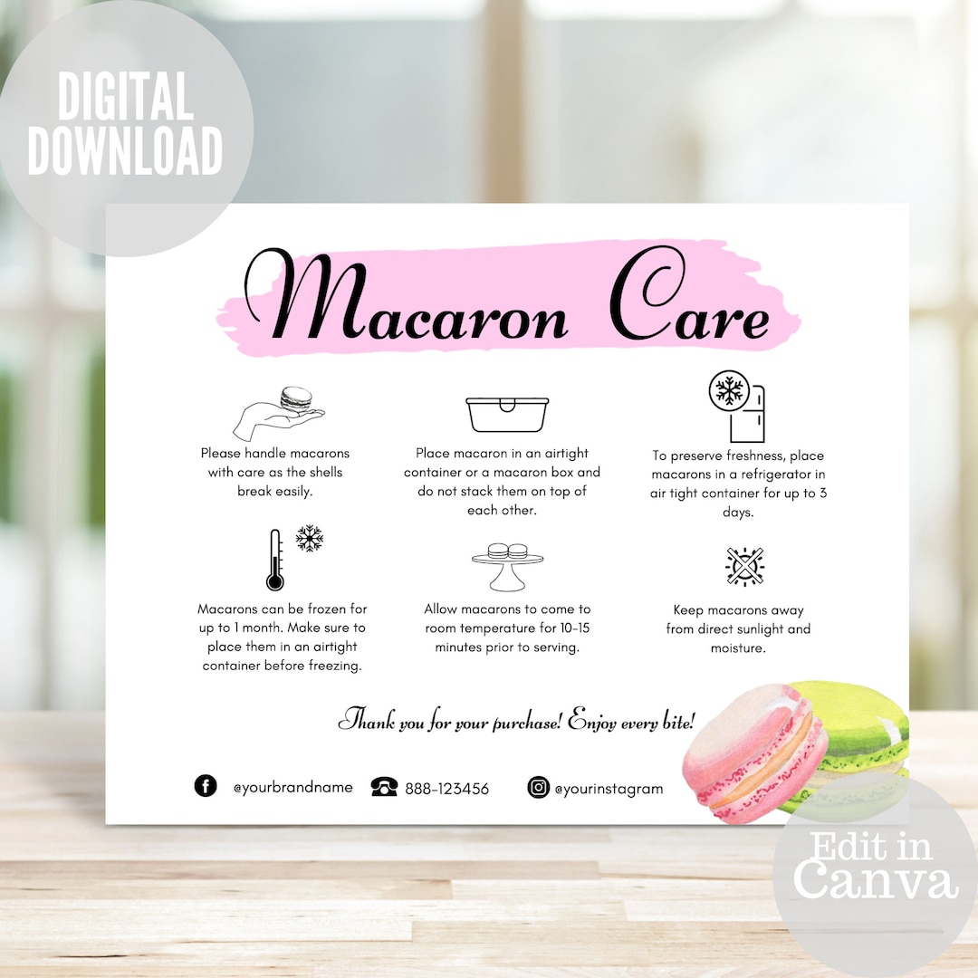 Macaron Care Card Template: Bakery Package Insert (digital Download) - Etsy