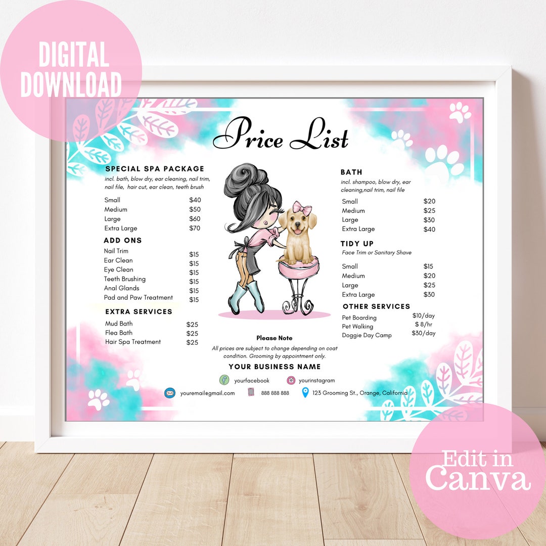 Pet Salon Grooming Price List Template, Dog Grooming Price List, Pet ...