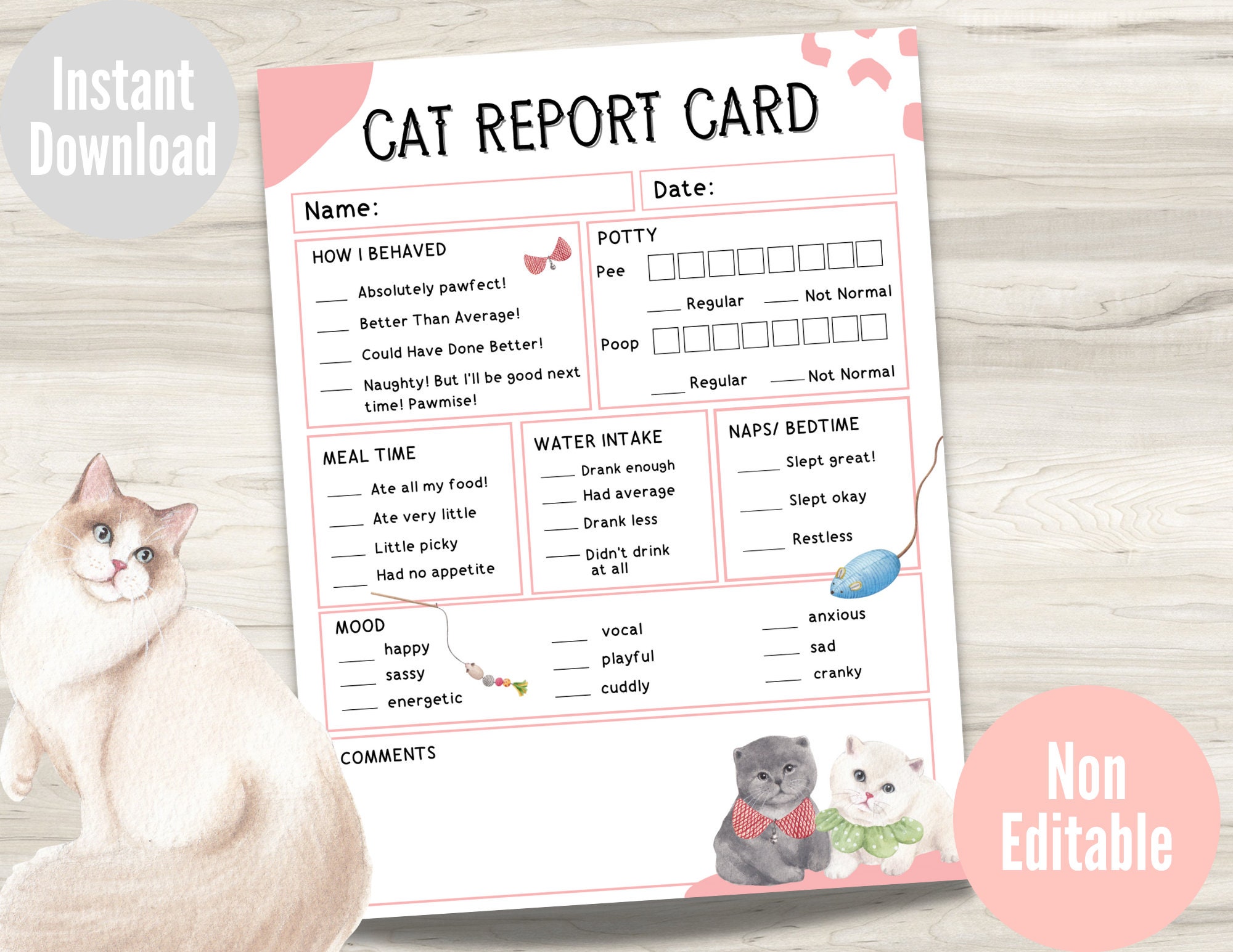 Cat Report Card Pet Report Card Ready to Print Pet Sitter - Etsy